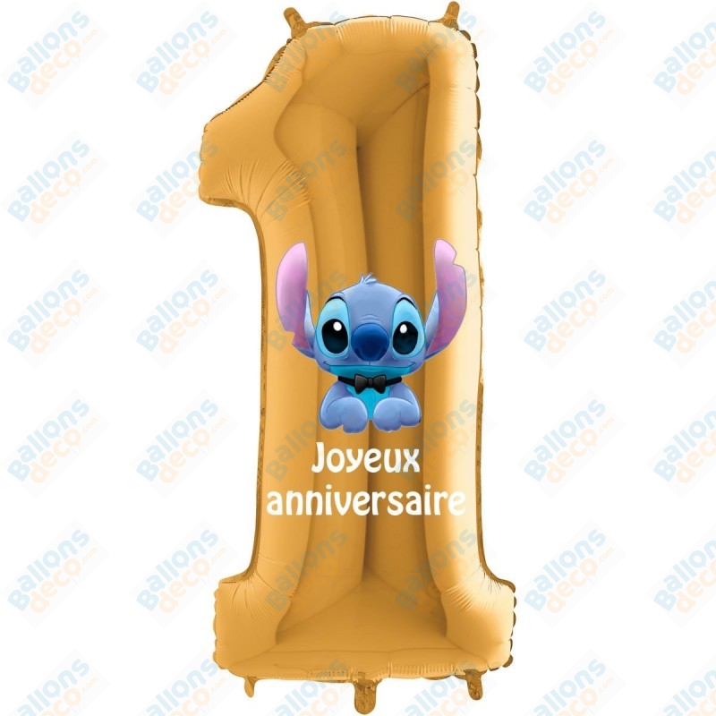 Ballon Stitch Chiffre Or de Zéro à Neuf Disney - Ballonsdeco.com