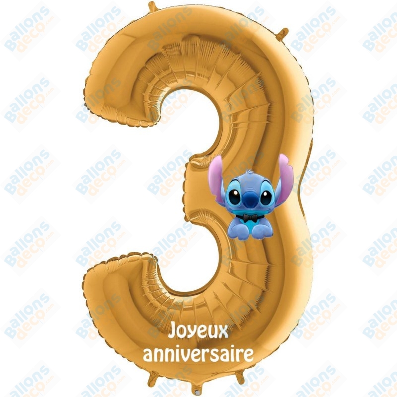 Ballon Stitch Chiffre Or de Zéro à Neuf Disney - Ballonsdeco.com