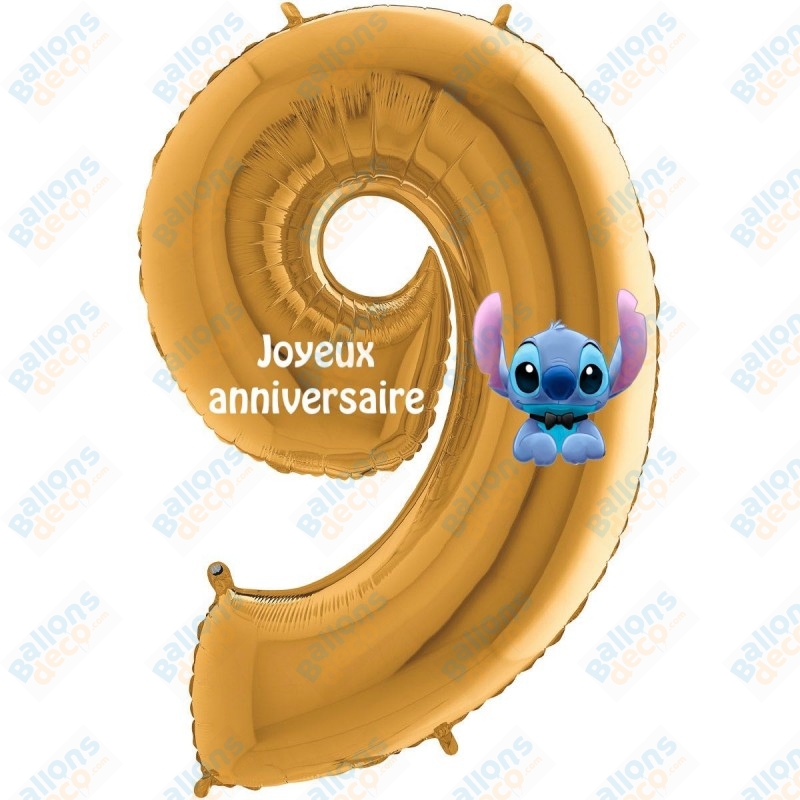 Ballon Stitch Chiffre Or de Zéro à Neuf Disney - Ballonsdeco.com