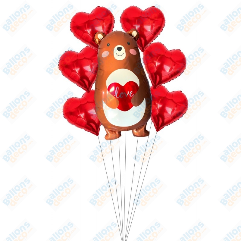 Ballons Ourson Marron Love en Grappe - St Valentin - Ballonsdeco.com